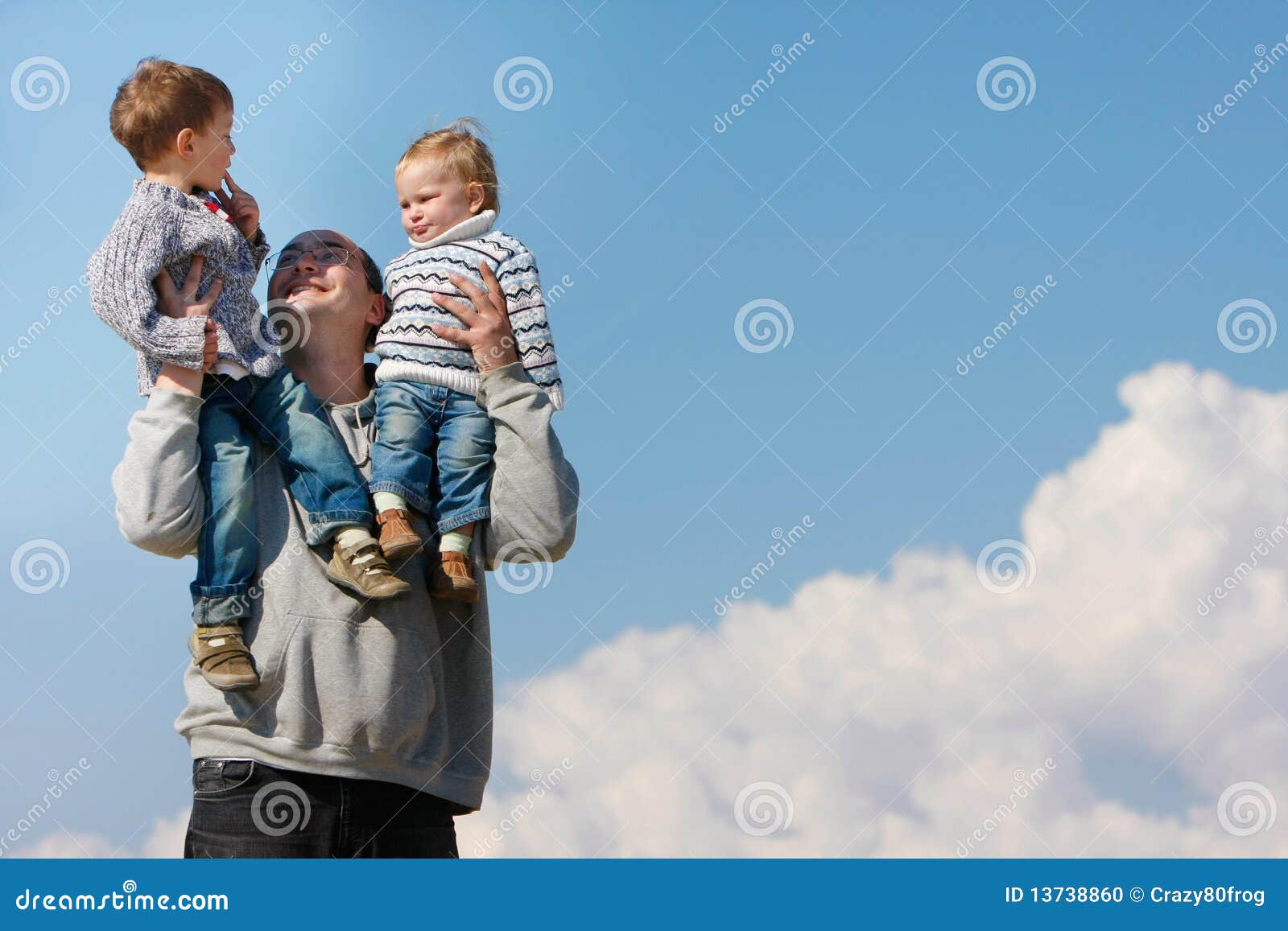 Father Holding Two Children on His Shoulders Stock Photo - Image of ...