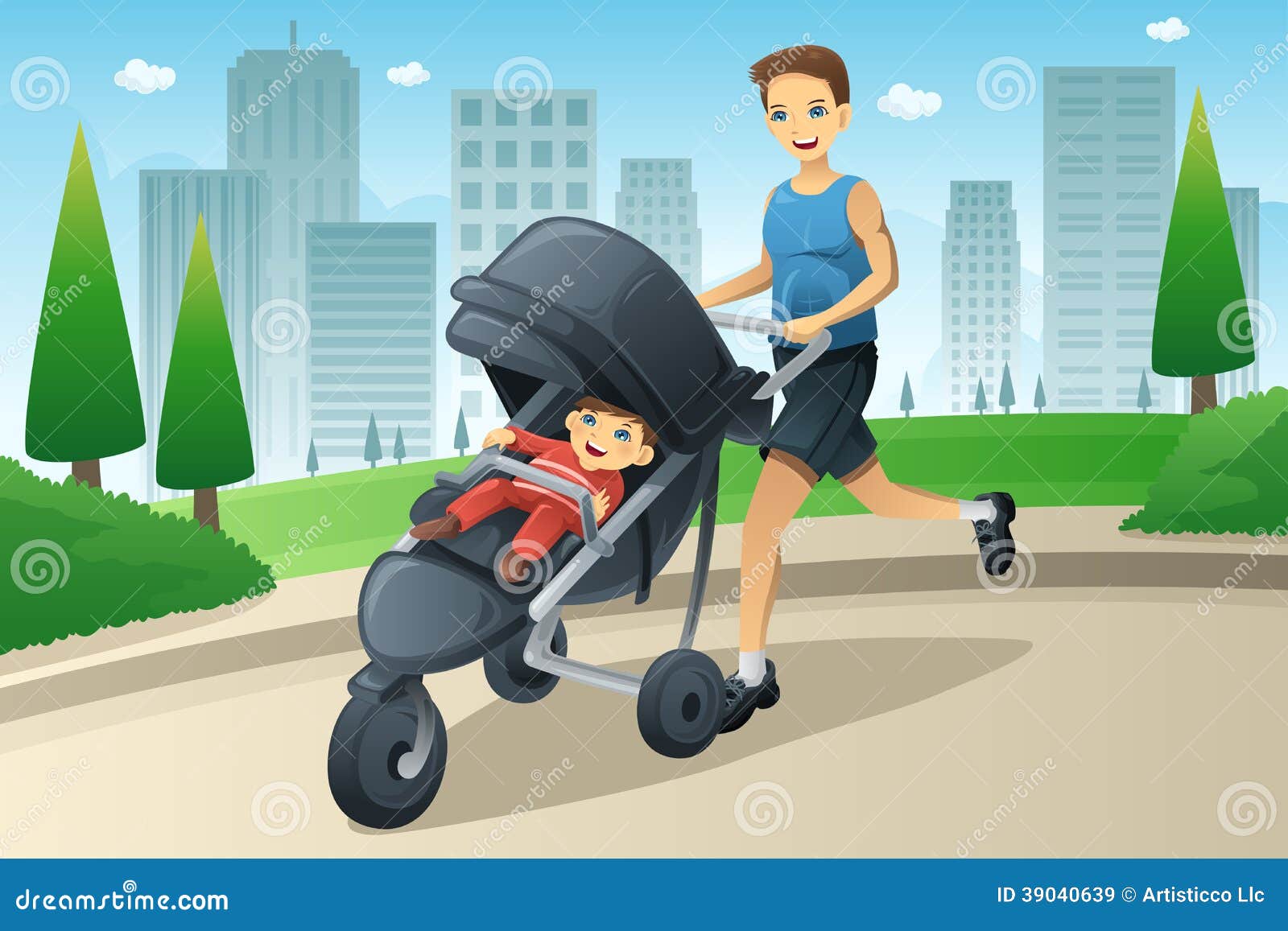 Father Jogging while Pushing a Stroller Stock Vector - Illustration of ...
