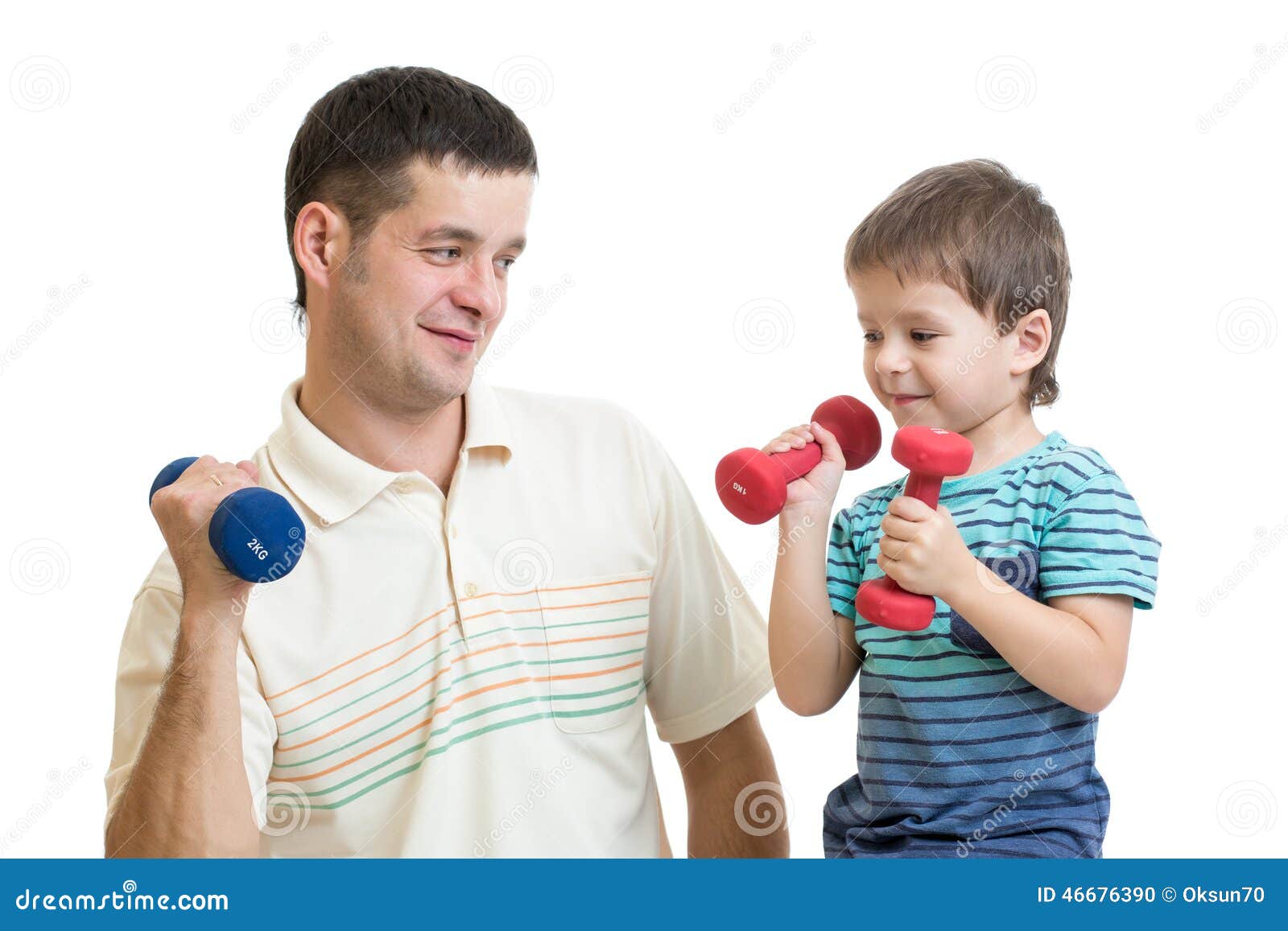 Father and Kid Son Doing Exercise with Dumbbell Stock Photo - Image of ...