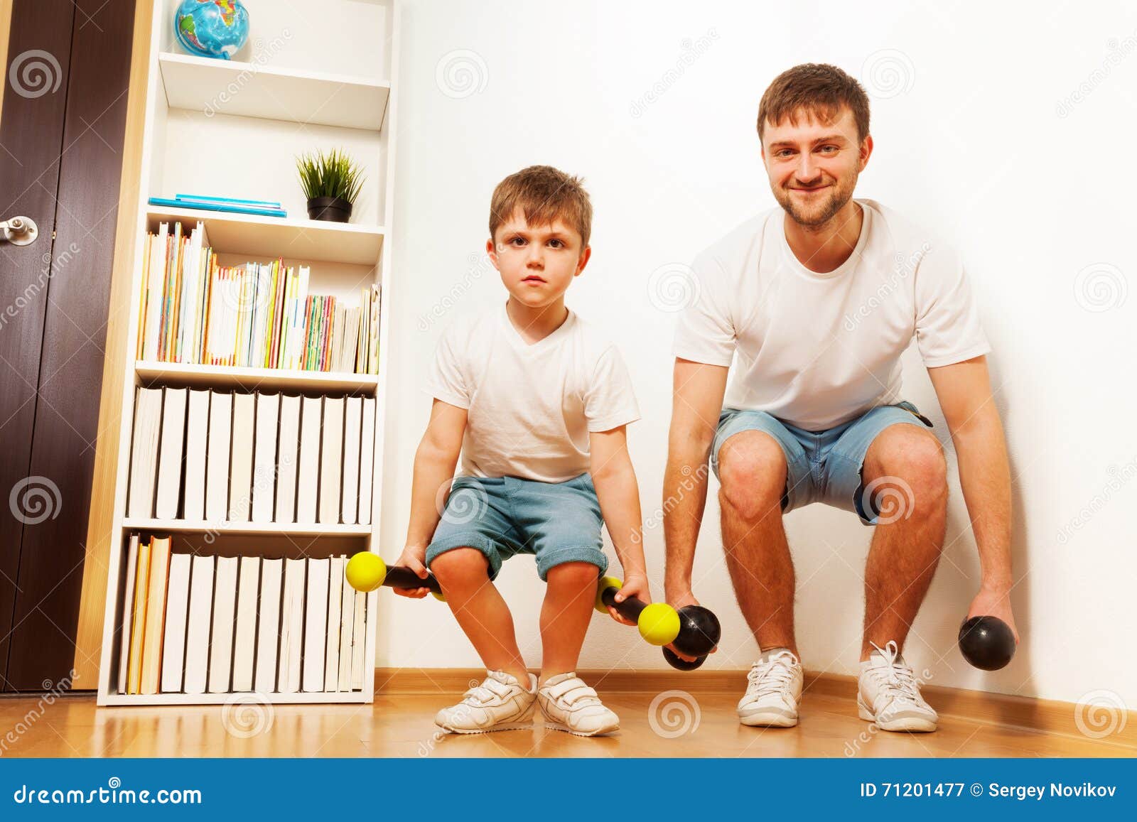 Father and Kid Son Workout with Dumbbells Together Stock Image - Image ...
