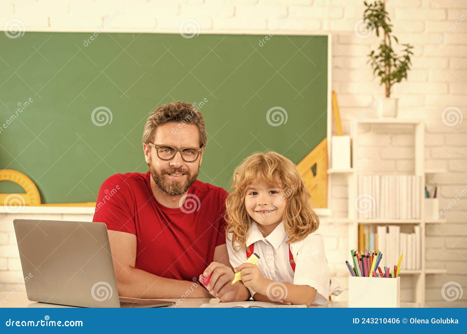 Father and Kid Study in Classroom with Laptop, Knowledge Stock Photo ...