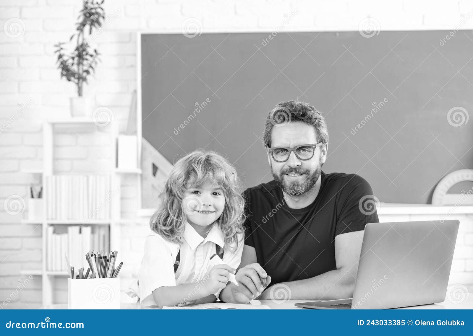 Father and Kid Study in Classroom with Laptop, Knowledge Stock Image ...