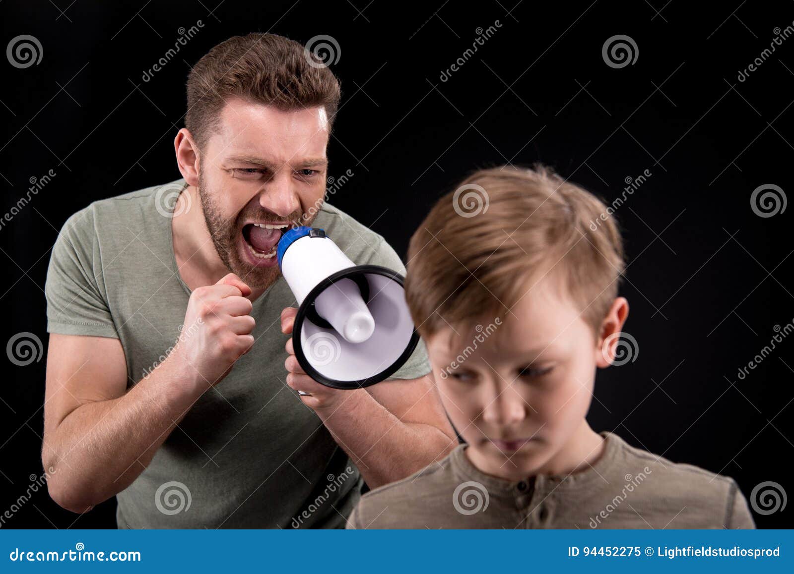 Father with Megaphone Screaming at Scared Little Son Stock Image ...