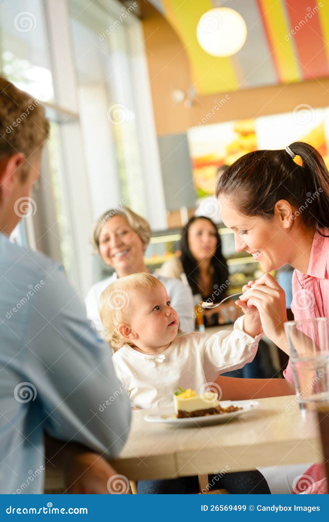 Father and Mother Feeding Child Cake Cafe Stock Image - Image of hungry ...