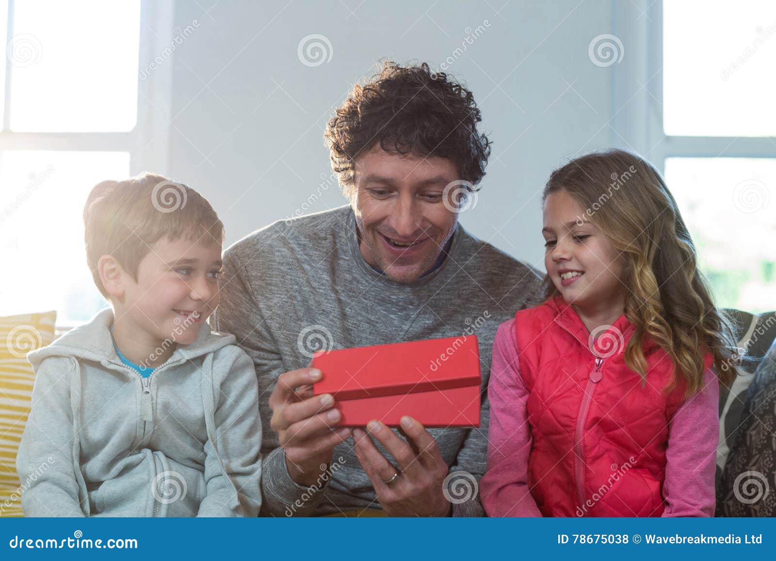 Father Opening Gift Box with Children Stock Photo - Image of life ...