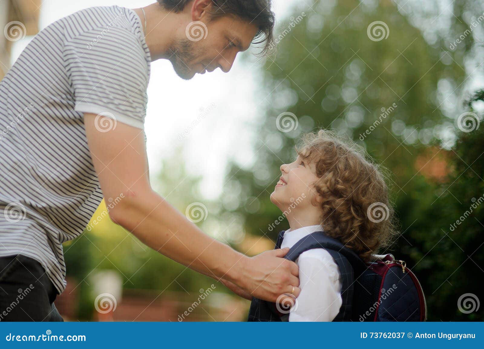 The Father Sends in School of the Son-first-grader. Stock Image - Image ...