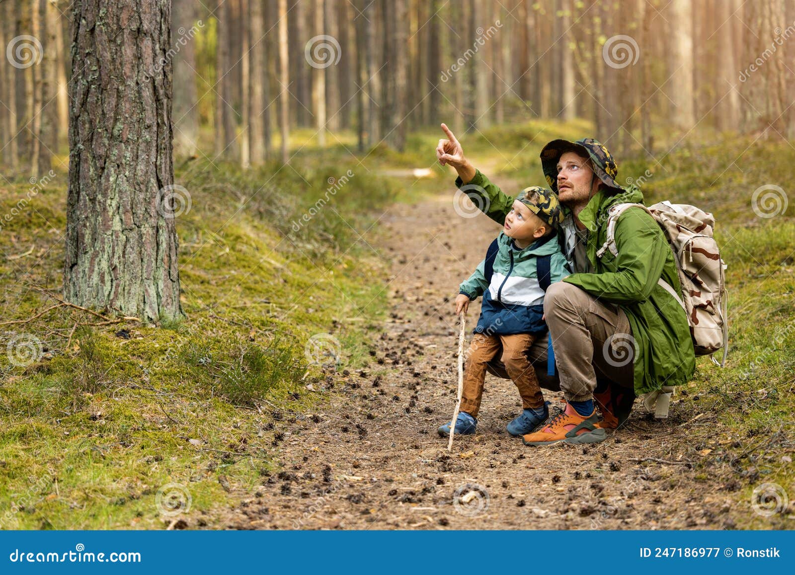 Father and Son Adventure Hike. Exploring Forest Together. Bonding ...