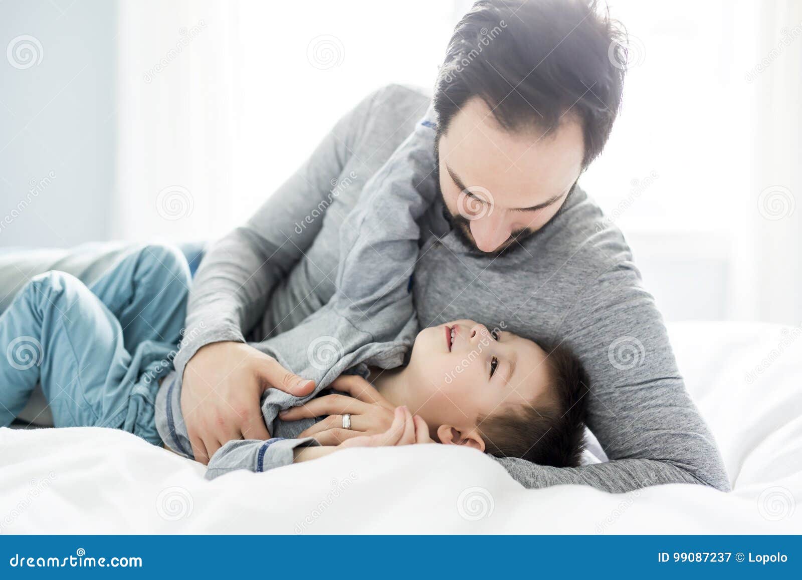 Father and Son in Bed, Happy Time on Bed Stock Image - Image of male ...