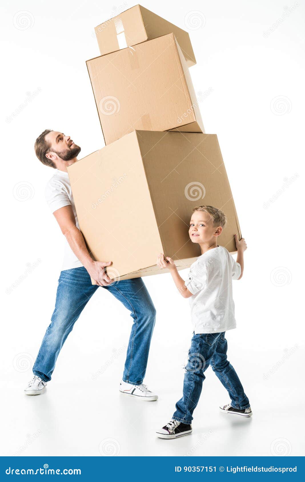 Father and son with boxes stock image. Image of vertical - 90357151