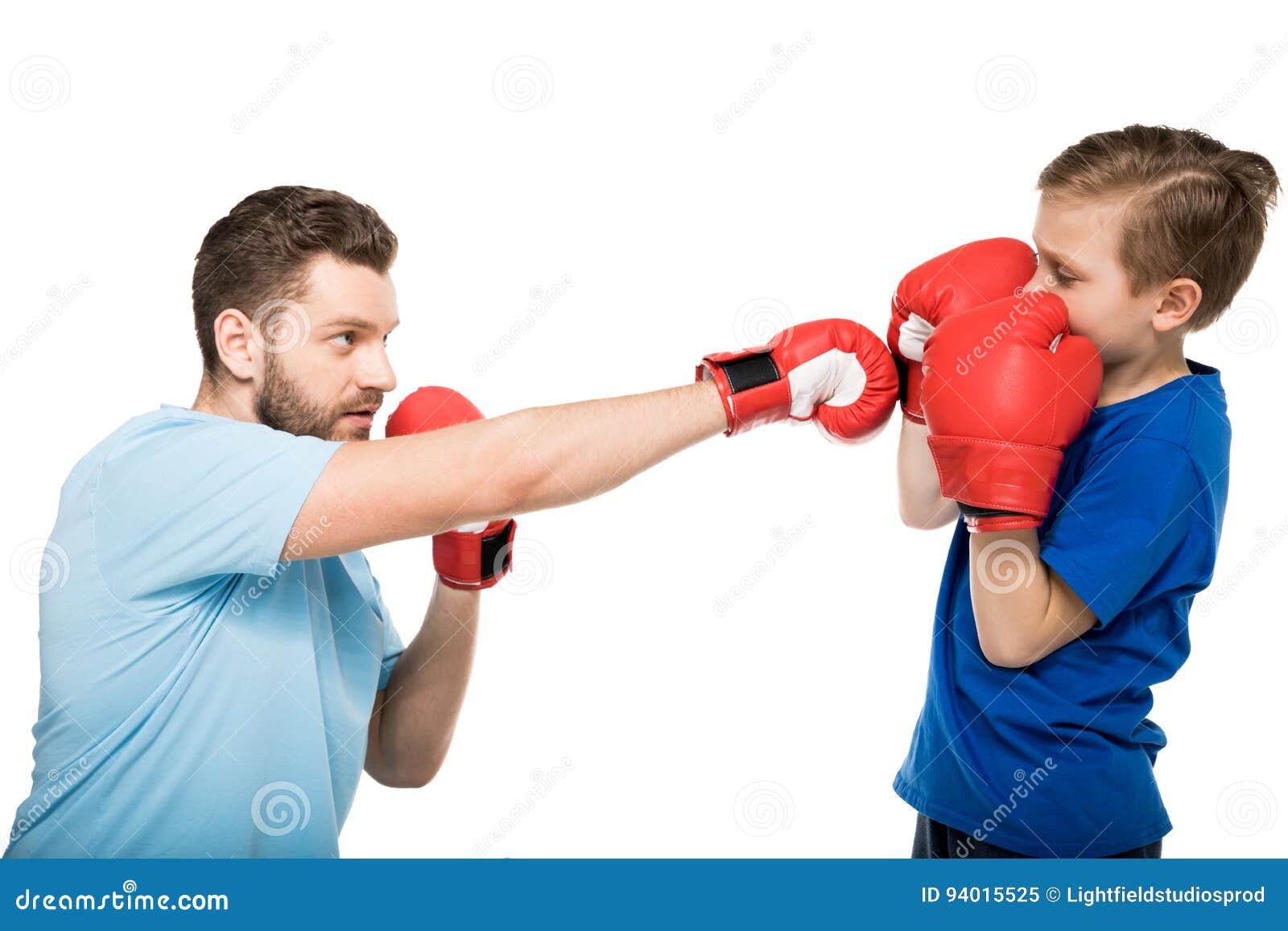 Father with Son during Boxing Training Isolated on White Stock Image ...