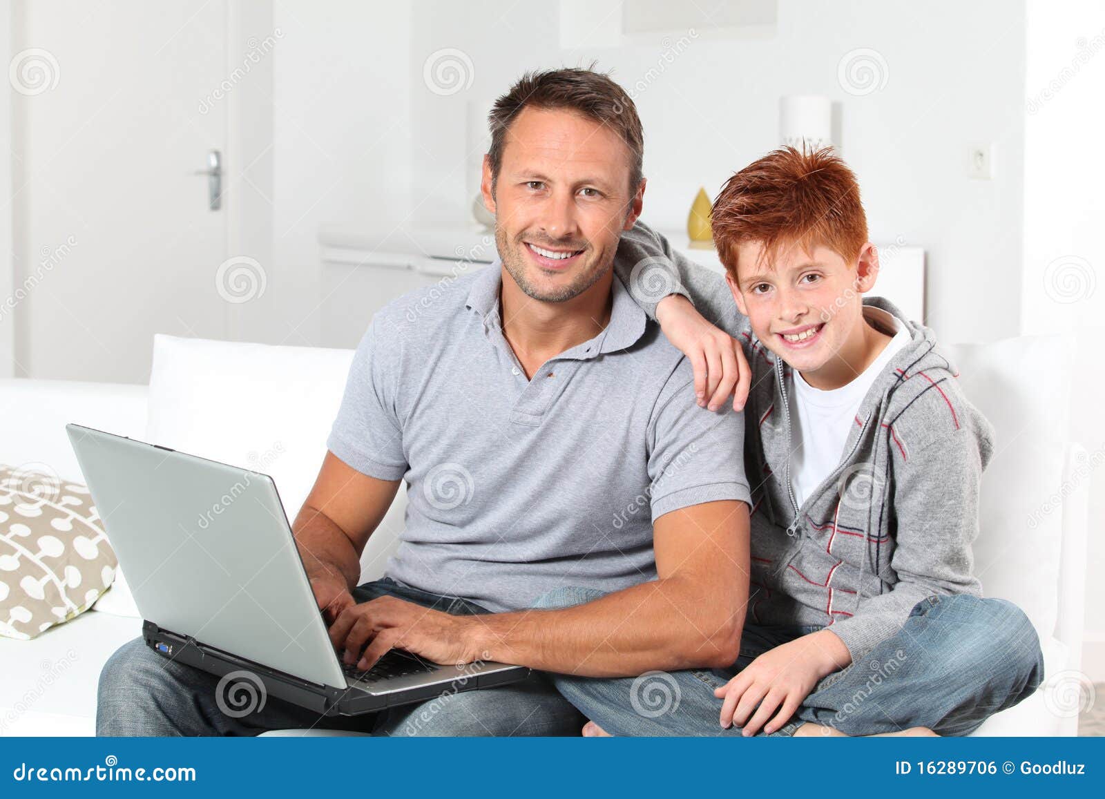 Father and Son Connected on Internet Stock Photo - Image of showing ...