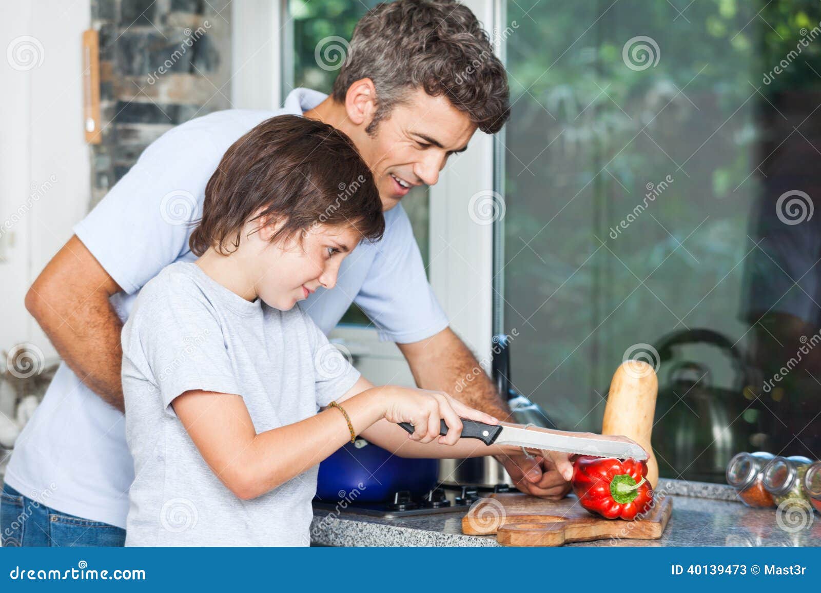 Father and Son Cooking Home Kitchen, Slicing Stock Image - Image of ...