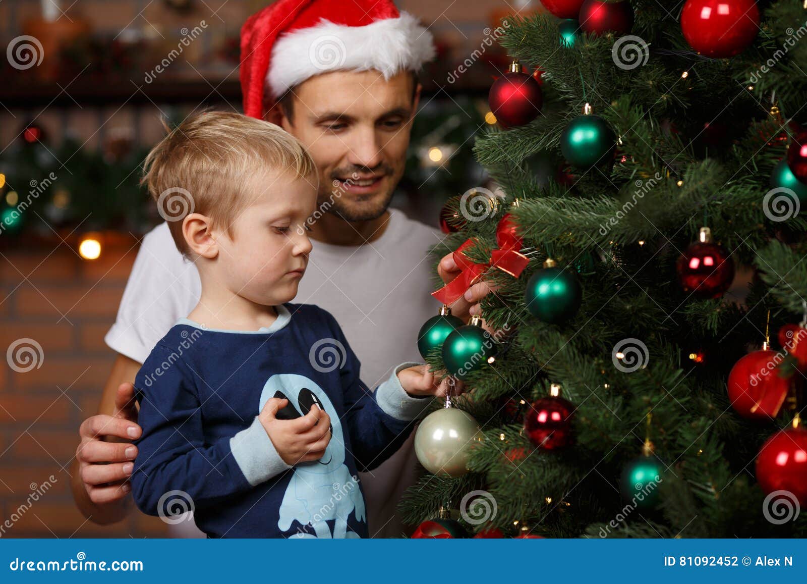 Father ,son Decorating Christmas Tree Stock Photo - Image of parenting ...