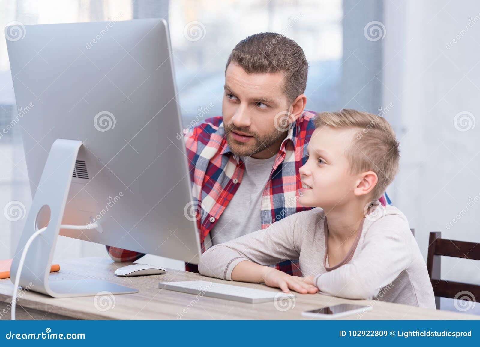 Father and Son with Desktop Computer Stock Image - Image of childhood ...