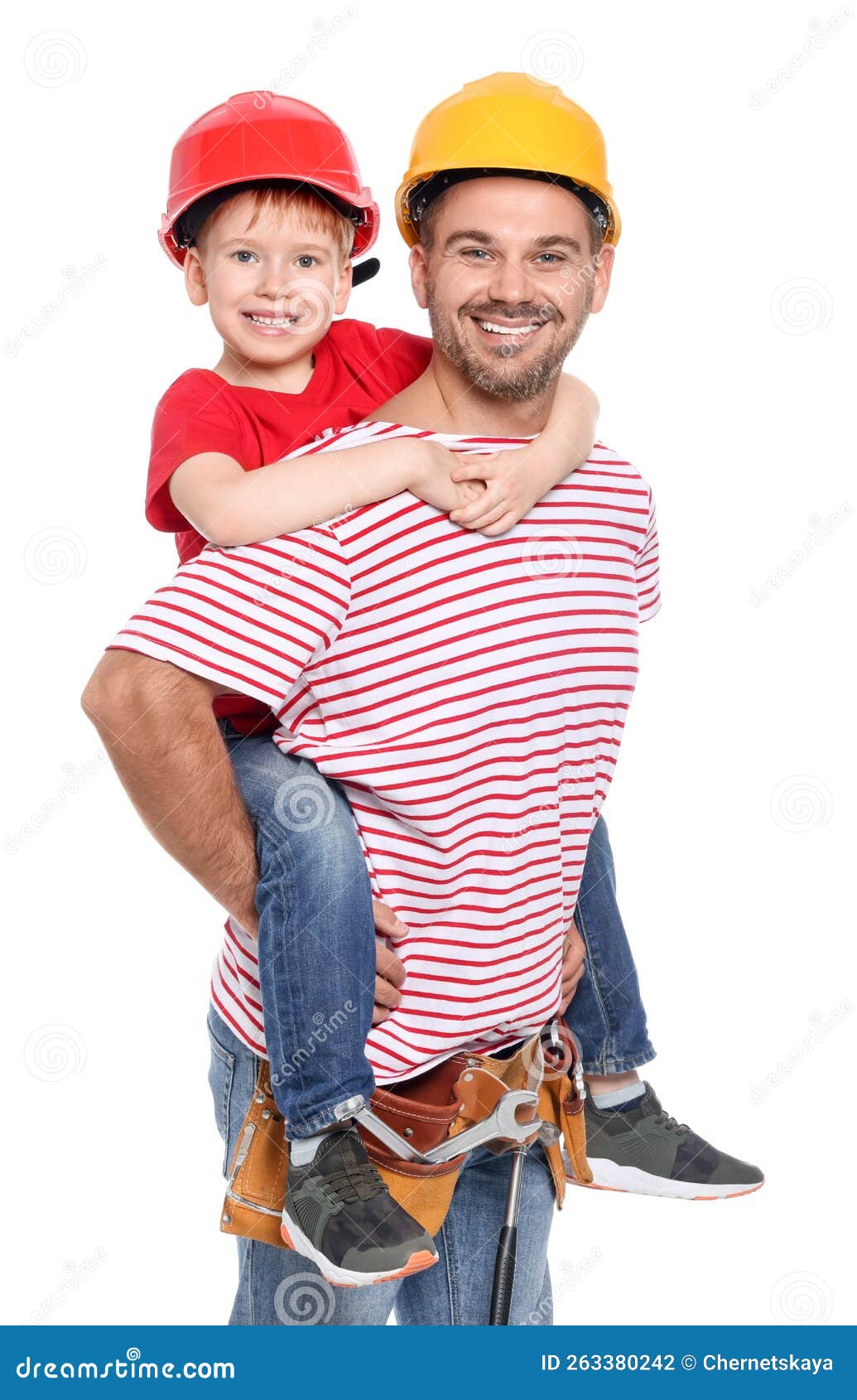 Father and Son in Hard Hats Having Fun on White Background Stock Photo ...