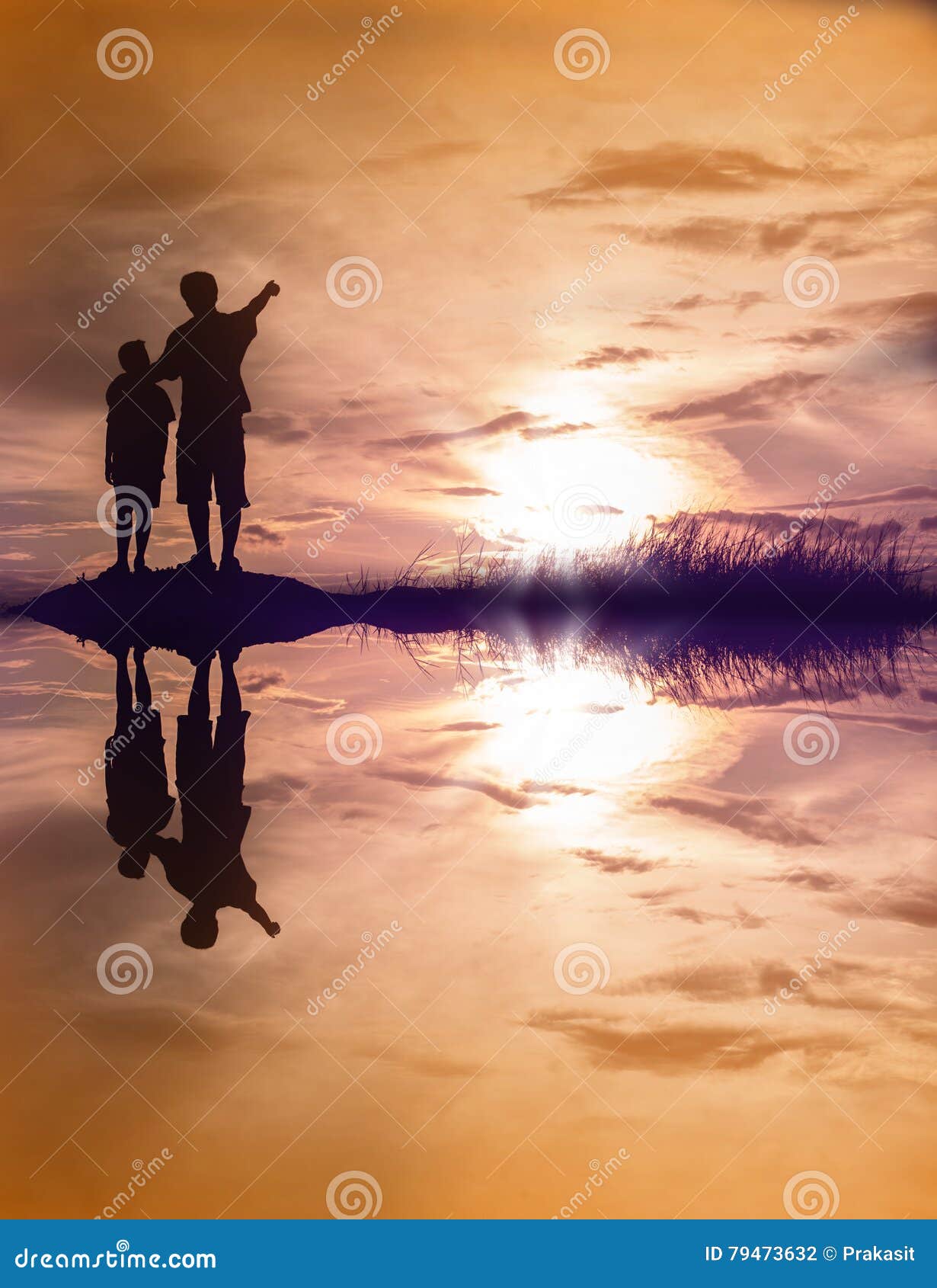 Father and Son Looking for Future with Water Reflection , Silho Stock ...
