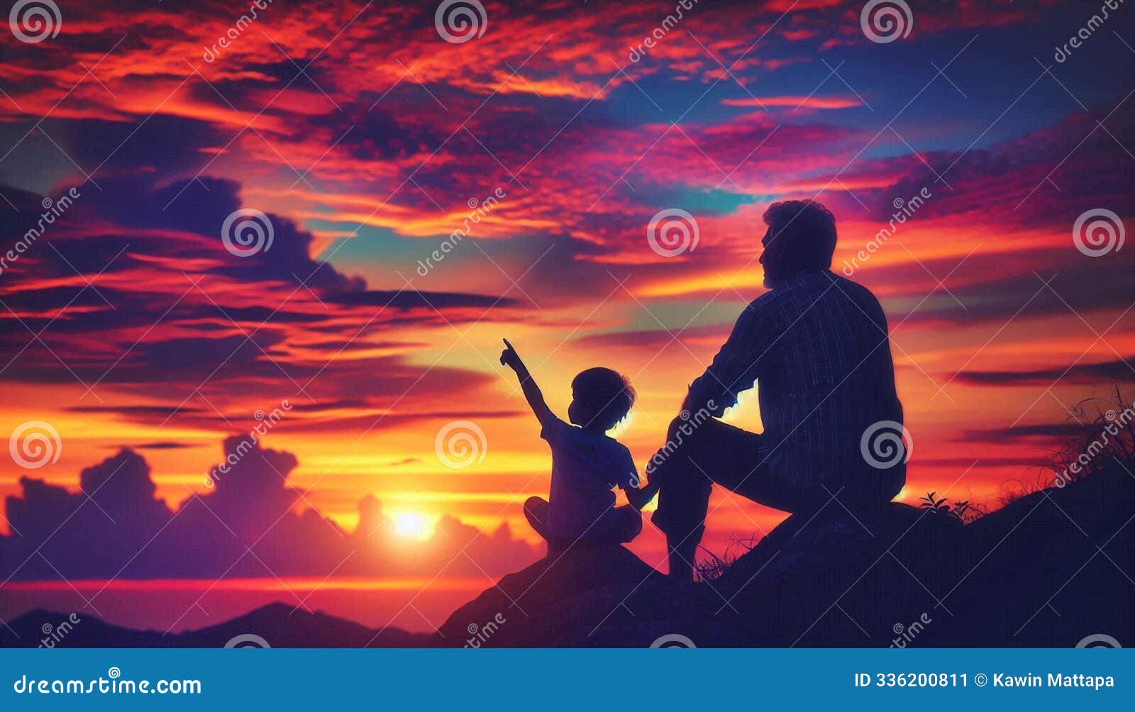 Father and Son Looking at the Sunset Stock Illustration - Illustration ...