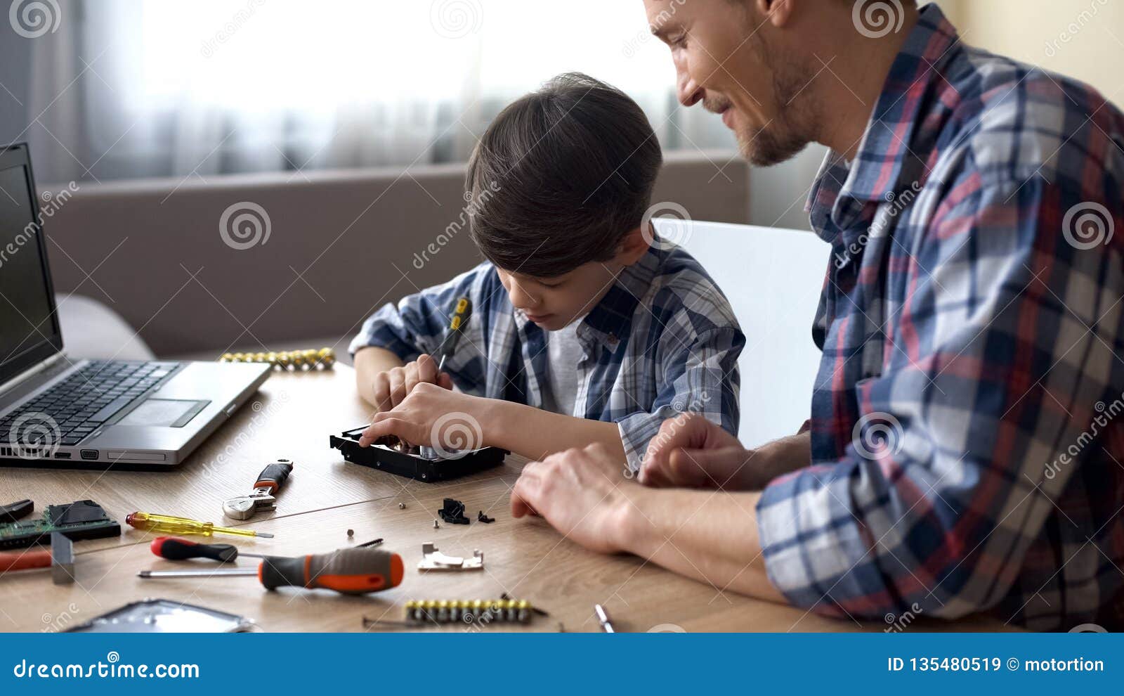 Father and Son Repairing Small Household Appliances, Support and ... Father and Son Repairing Small Household Appliances, Support and ...