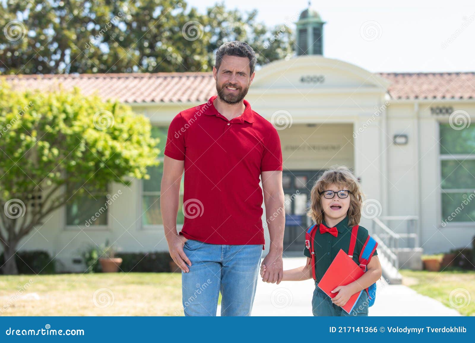 Father and Son Run with Father after Come Back from School. Child ...