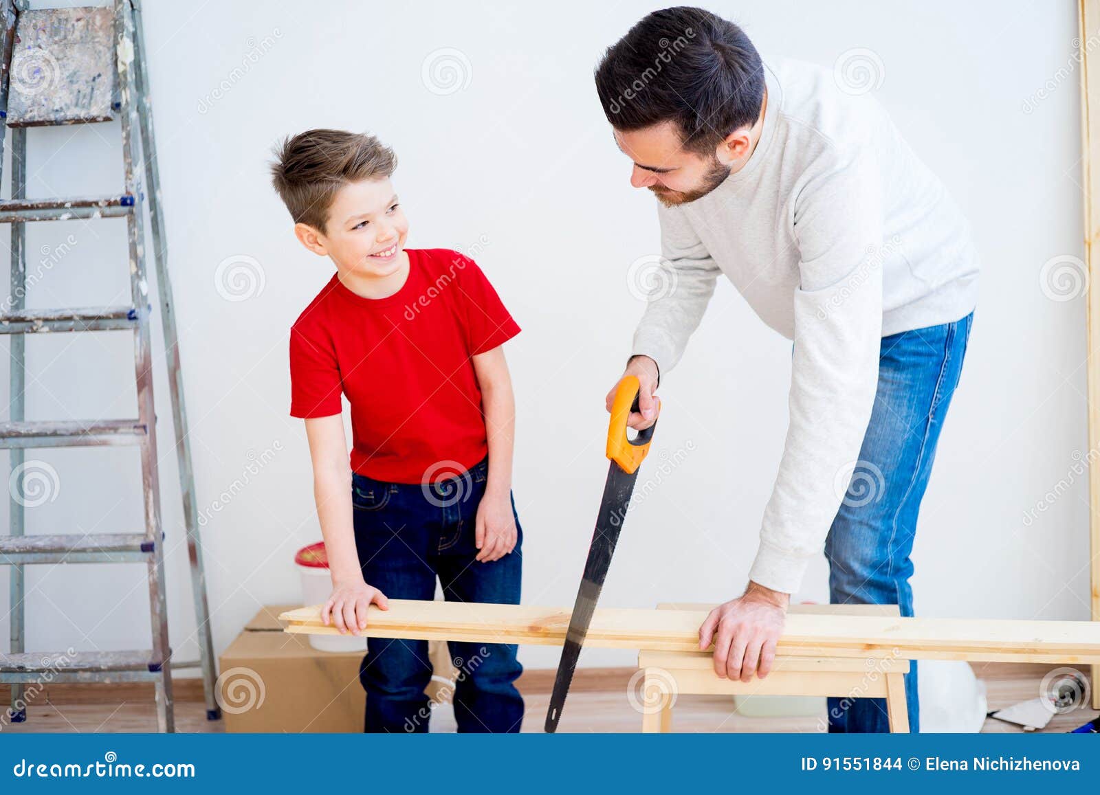 Father and son with saw stock photo. Image of male, hacksaw - 91551844