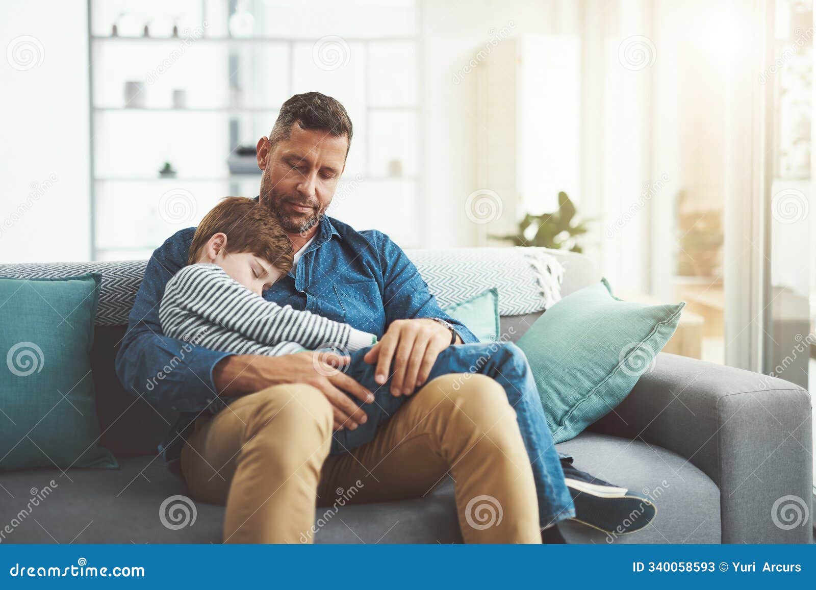 Father, Son and Sleeping Hug in Home, Relax Together and Support Child ...