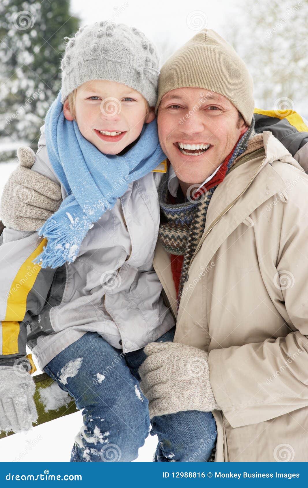 Father and Son Standing Outside in Snow Stock Photo - Image of loving ...