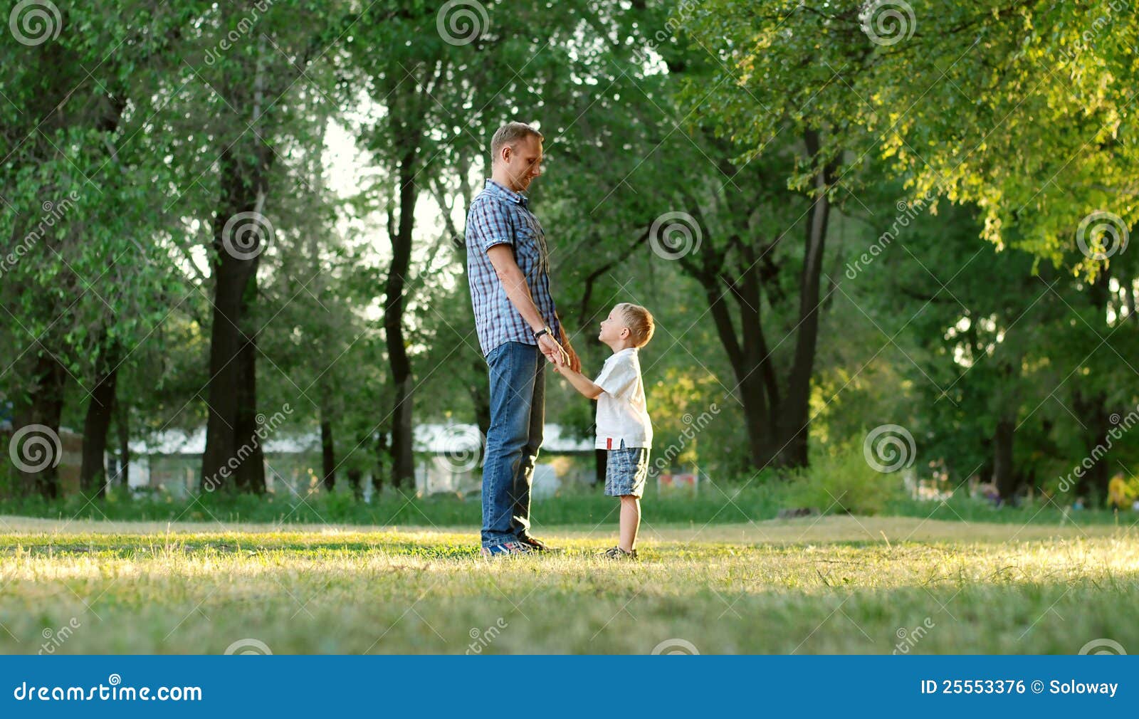Father and Son Standing in the Park Lawn Stock Photo - Image of natural ...