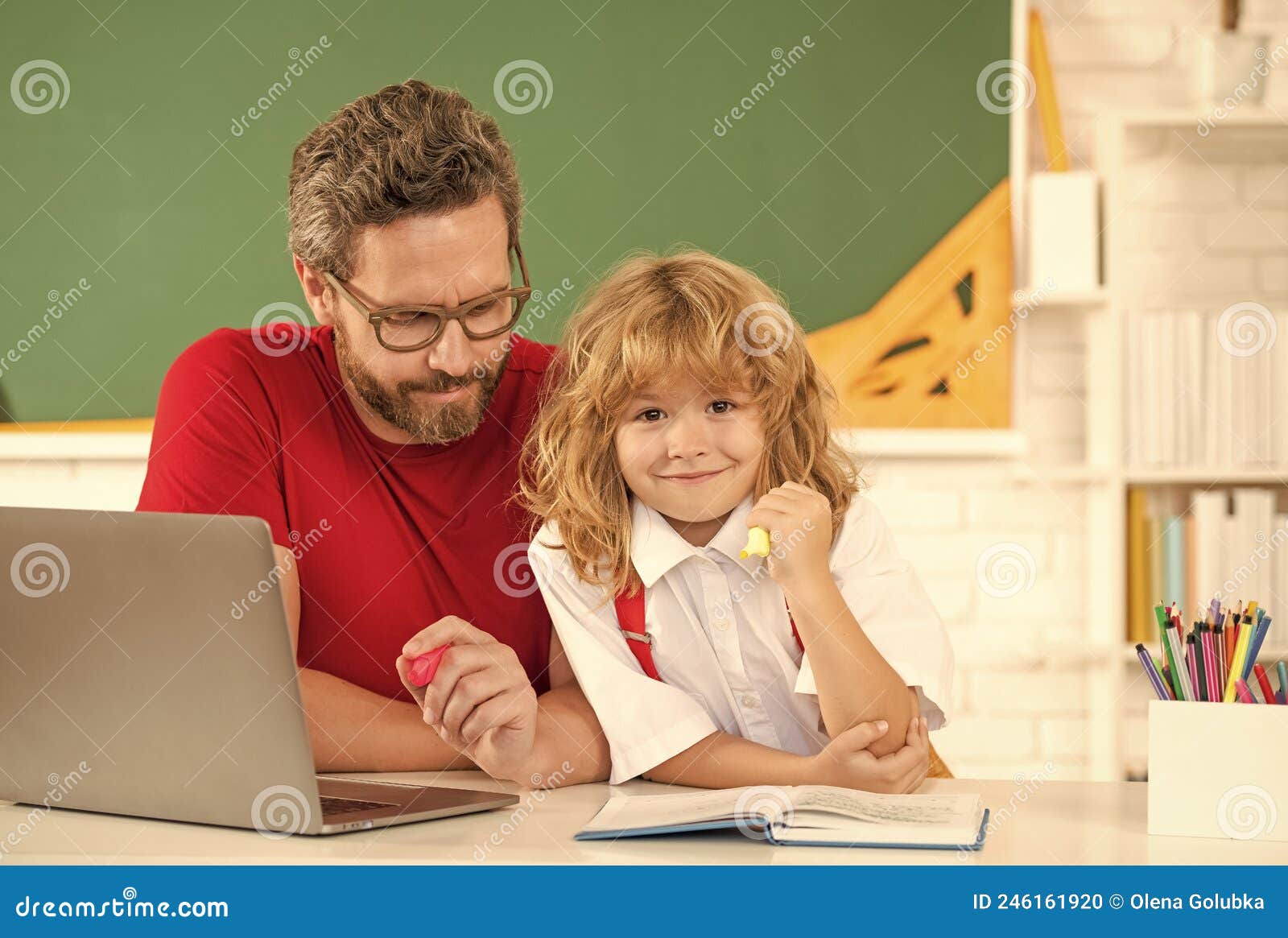 Father and Son Study in Classroom with Laptop, School Stock Photo ...