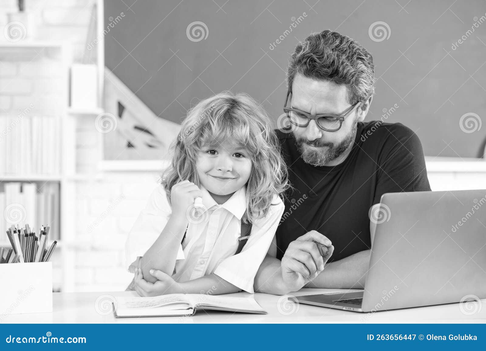 Father and Son Study in Classroom with Laptop, School Stock Image ...