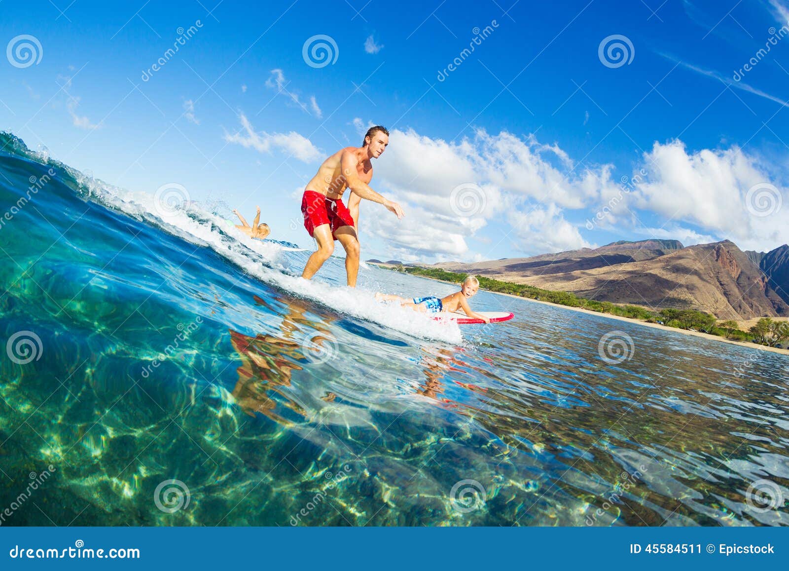 Father and Son Surfing, Riding Wave Together Stock Image - Image of ...