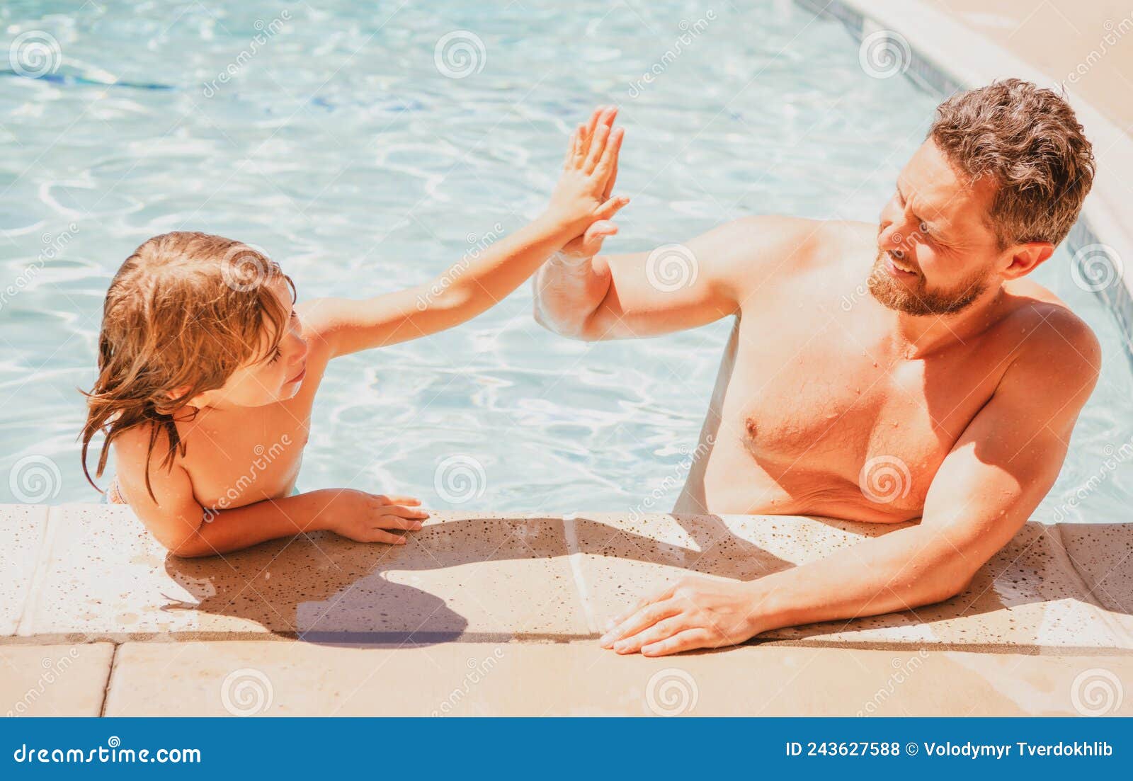 Father and Son Swimming in Pool, Summer Family. Child with Dad Playing ... Father and Son Swimming in Pool, Summer Family. Child with Dad Playing ...