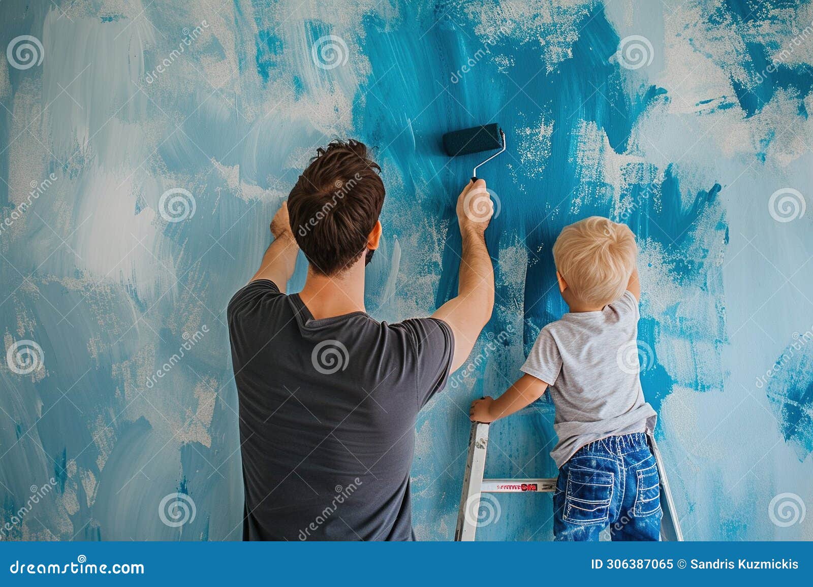 Father and Son Together Painting Wall, Using Paint Roller. Generative ...