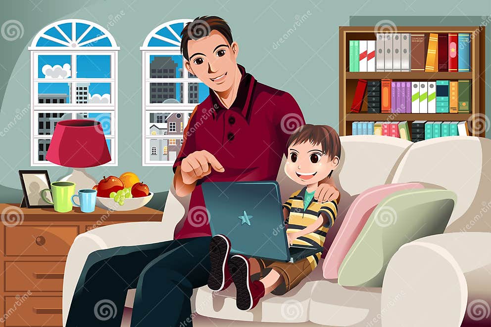 Father and Son Using Computer Stock Illustration - Illustration of ...