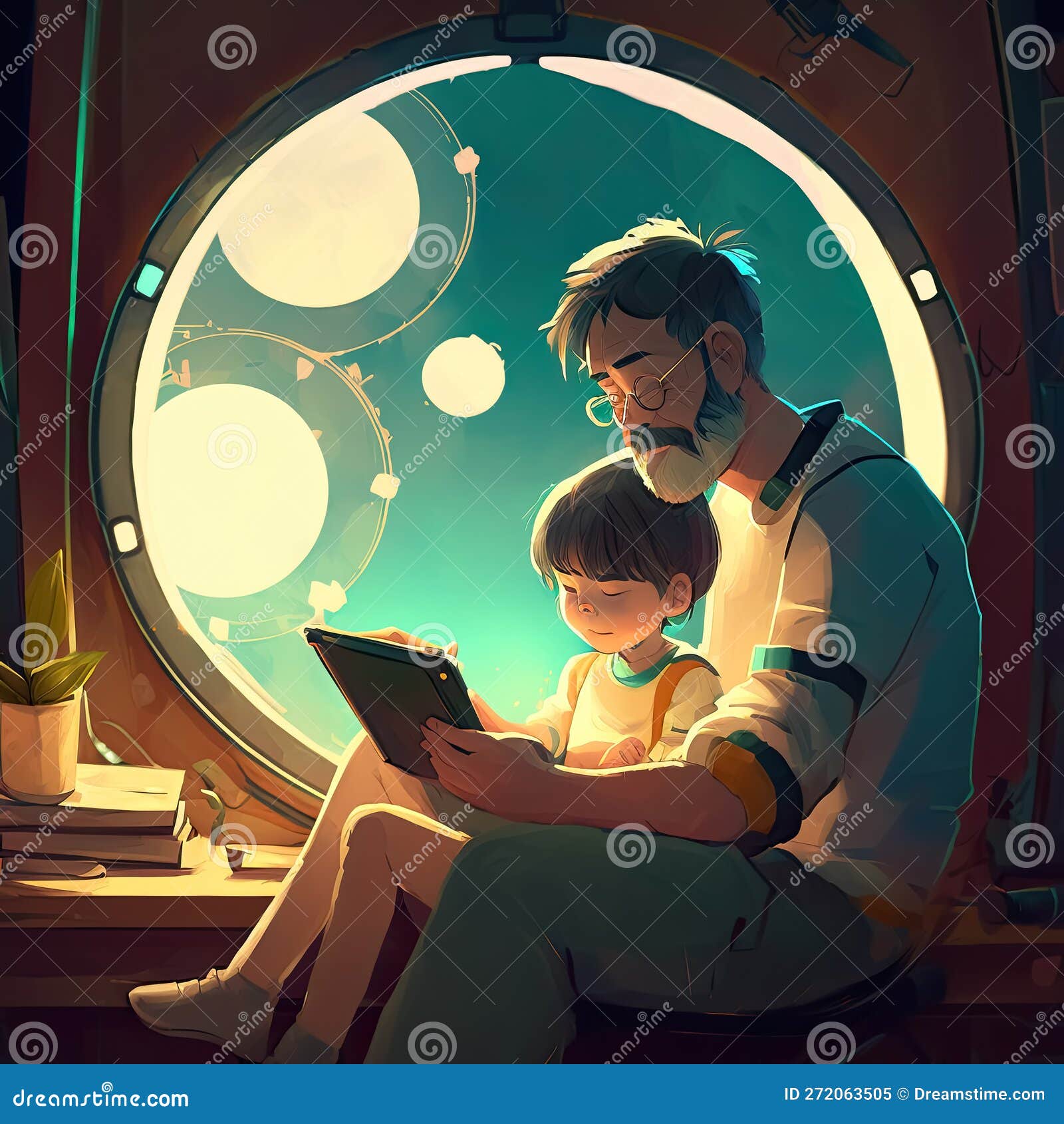 Father and Son is Using Tablet Technology Together in a Futuristic ...