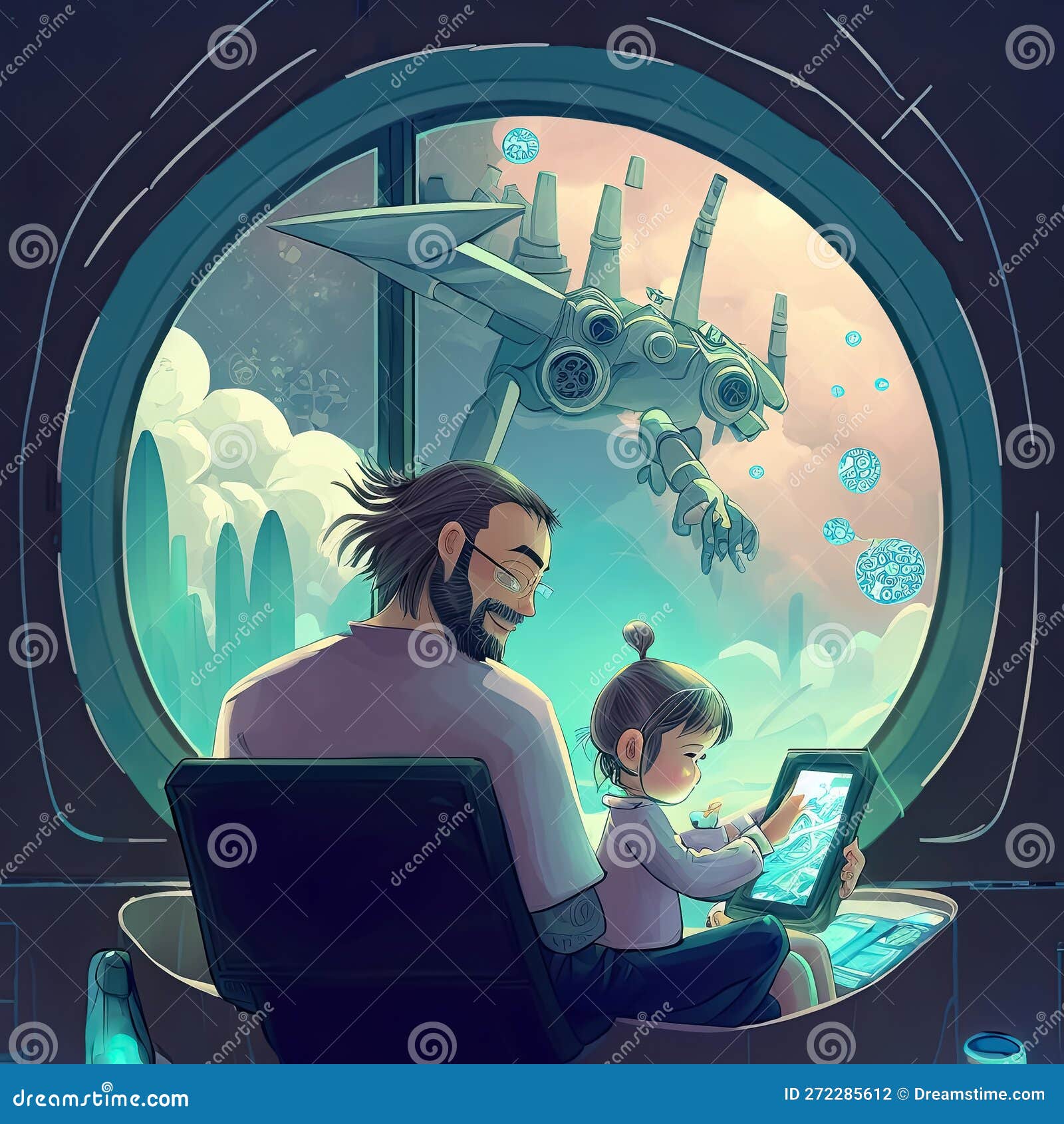 Father and Son is Using Tablet Technology Together in a Futuristic ...