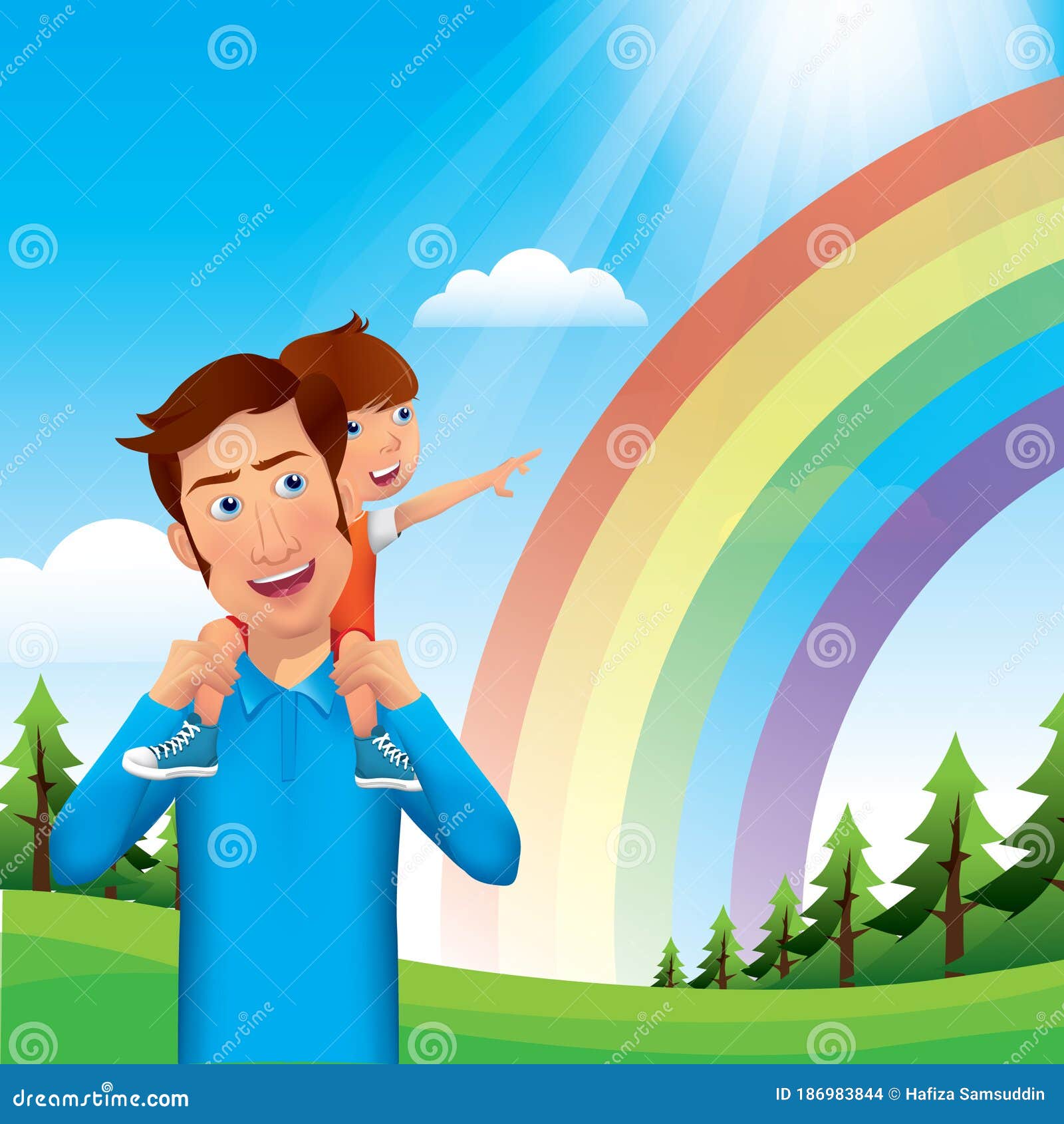 Father and Son Watching Rainbow. Vector Illustration Decorative Design ...