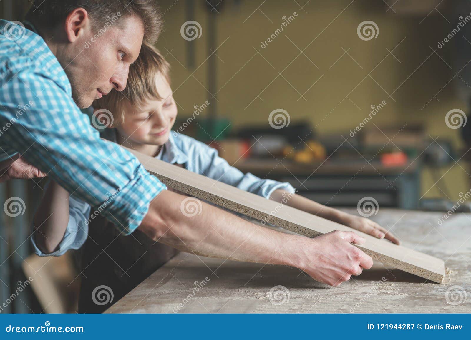 Father and Son in the Workshop Stock Image - Image of teaching, wood ...
