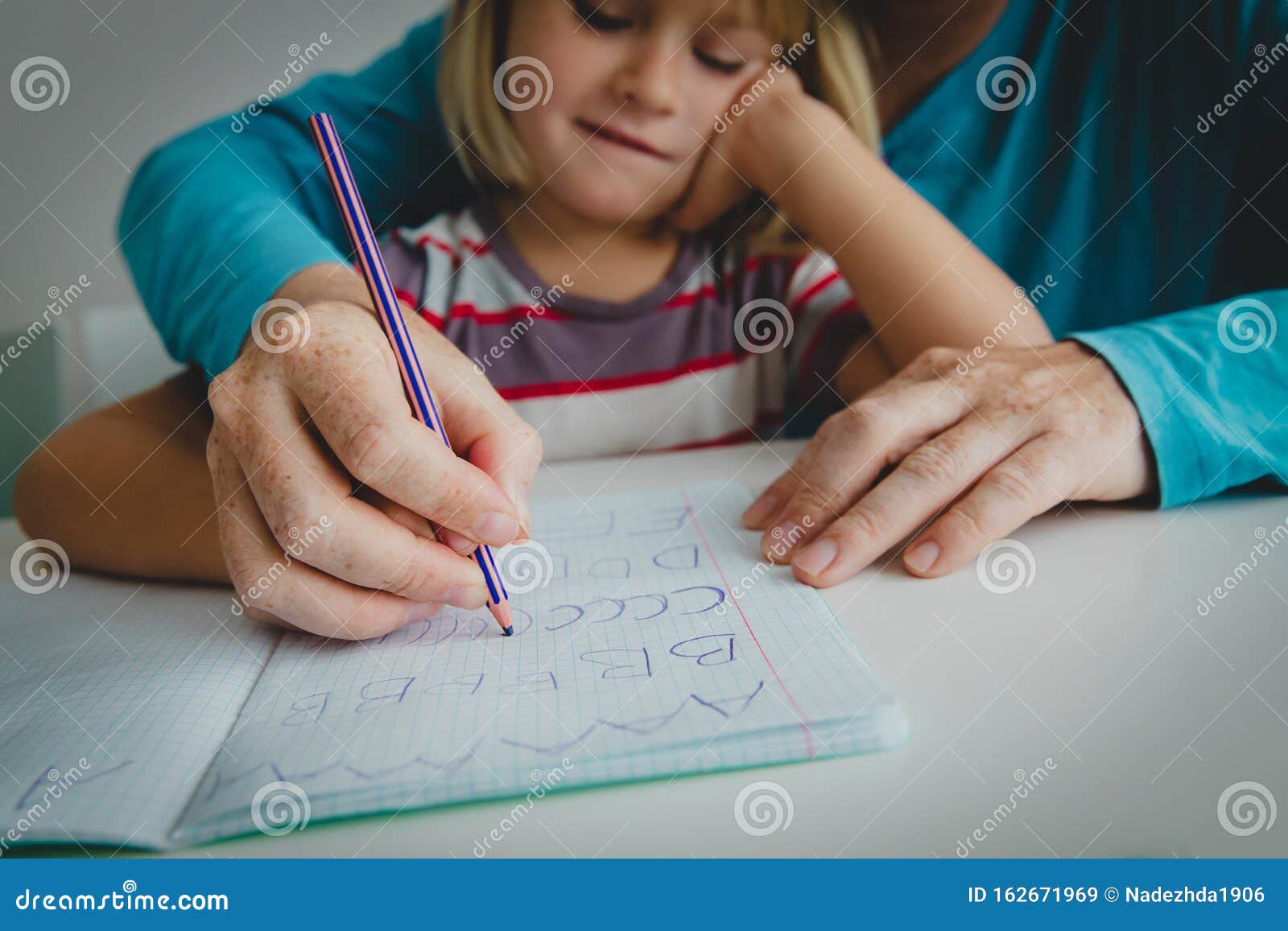 Father Teaching Daughter How To Write Letters Stock Image - Image of ...