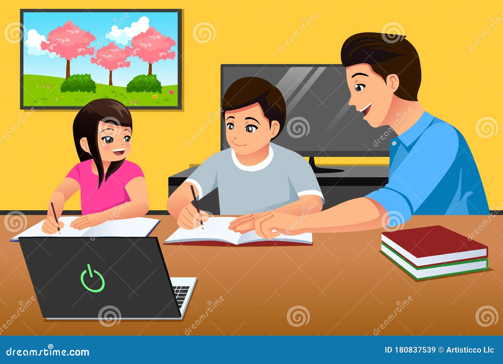 Father Teaching Kids Studying at Home Illustration Stock Vector ...