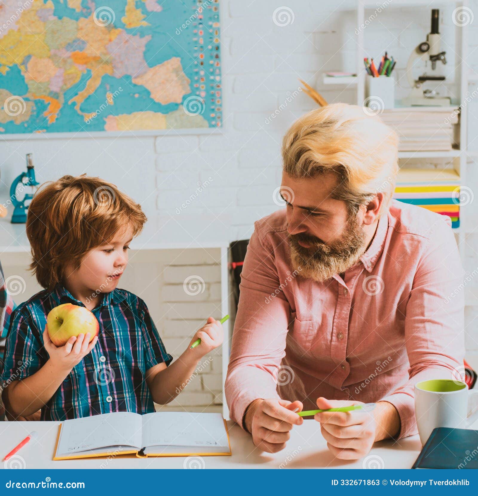 Father Teaching Son. Cute Little Boy Study and Learn with Teacher Dad ...