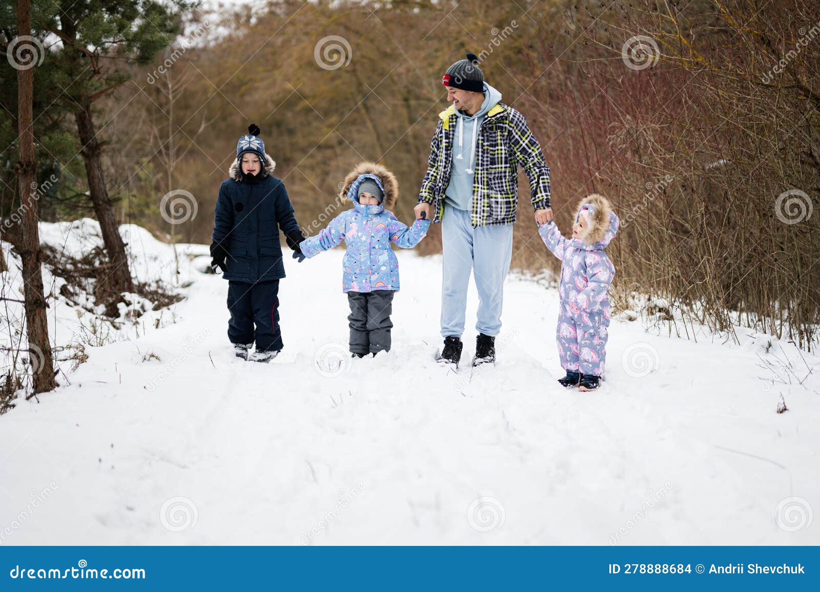 Father with Three Kids Holding Hands and Walking in Winter Forest Stock ...