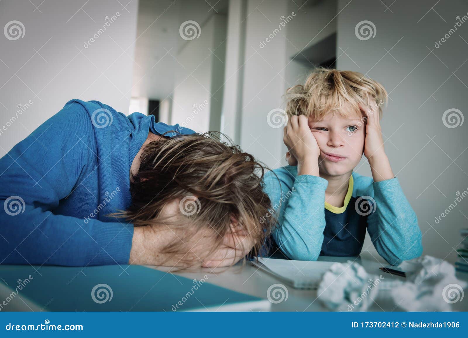 Father Tired of Doing Homework with Son, Difficult Learning Stock Photo ...