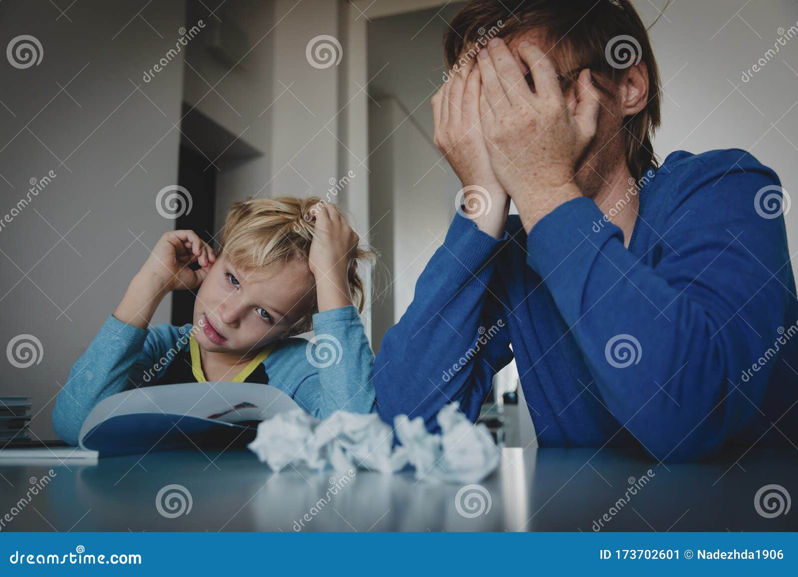 Father Tired Of Doing Homework With Son, Difficult Learning Royalty ...