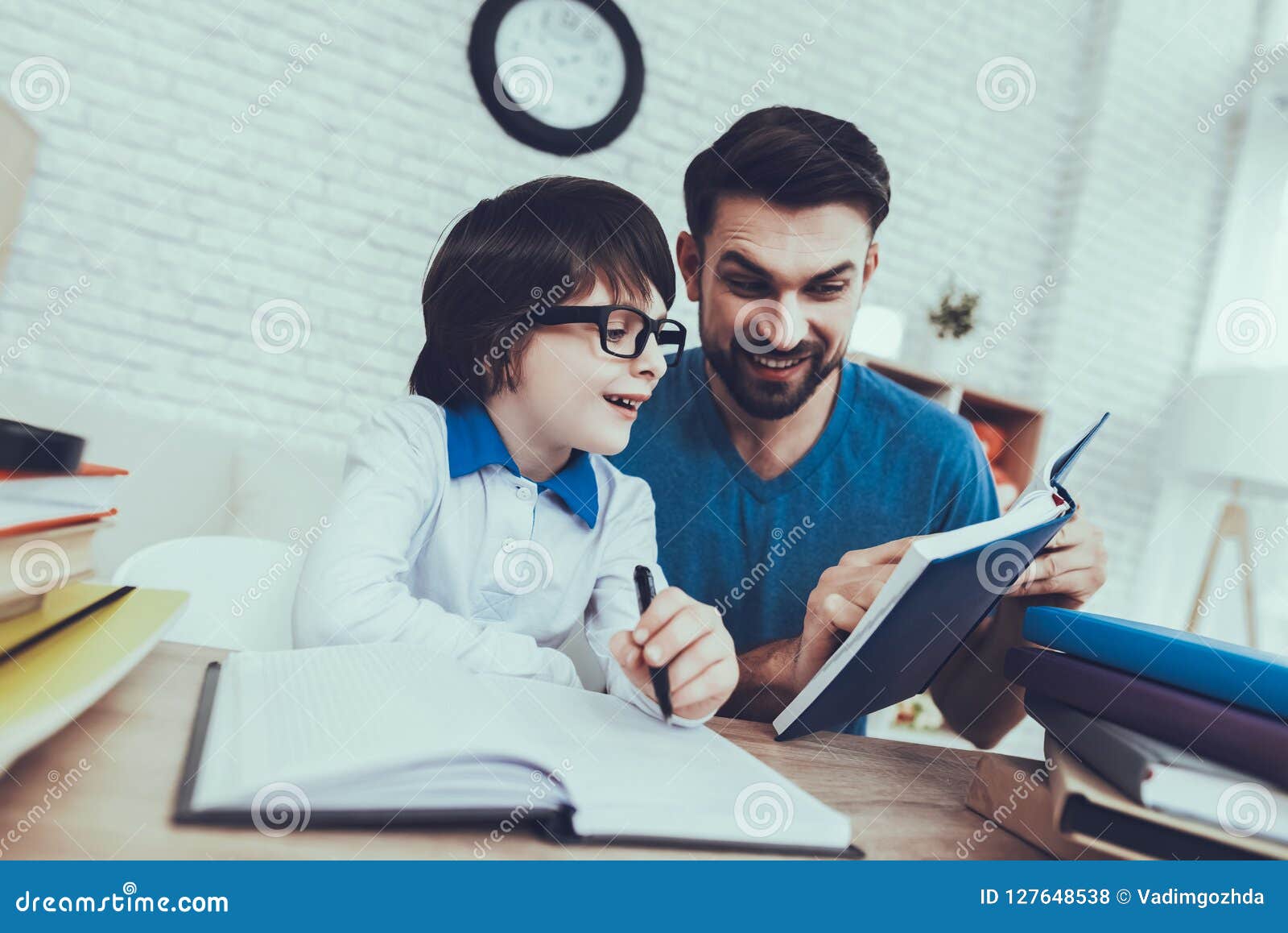 Father Two Boys. Time with Son. Sit at Homework. Stock Photo - Image of ...