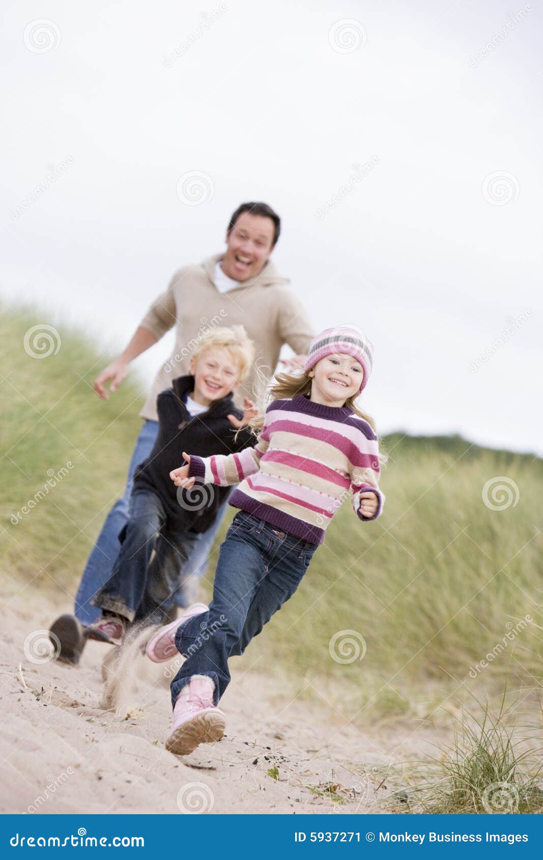 Father and Two Young Children Running at Beach Stock Image - Image of ...