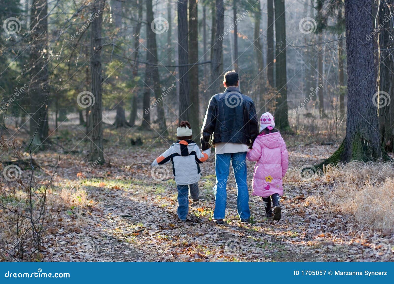 Father Walking with Children in Forest Stock Image - Image of coat ...