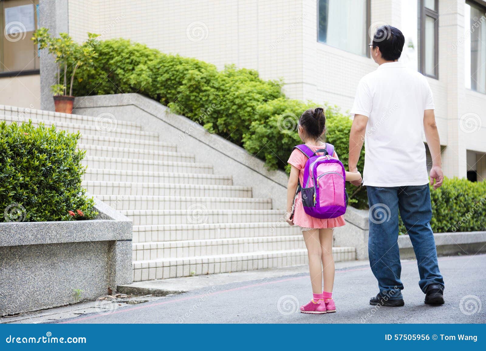 Father Walking To School with Children Stock Photo - Image of ...