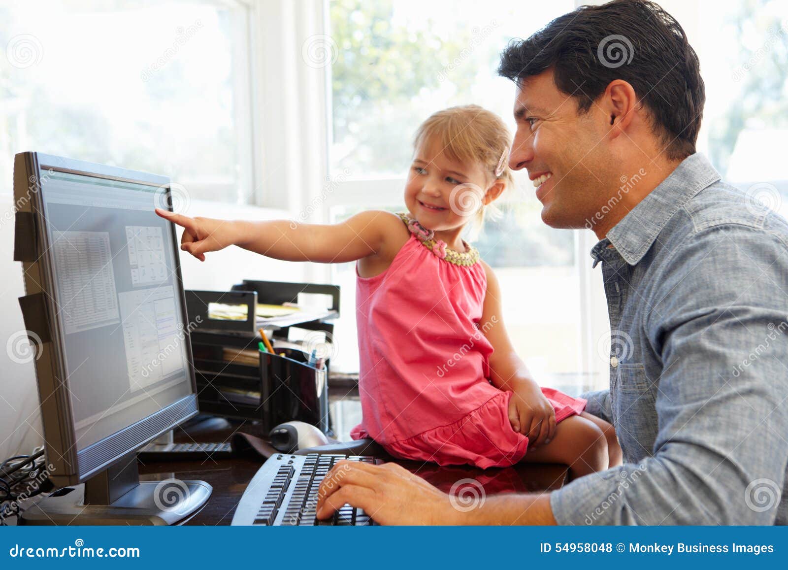 Father Working in Home Office with Daughter Stock Photo - Image of ...