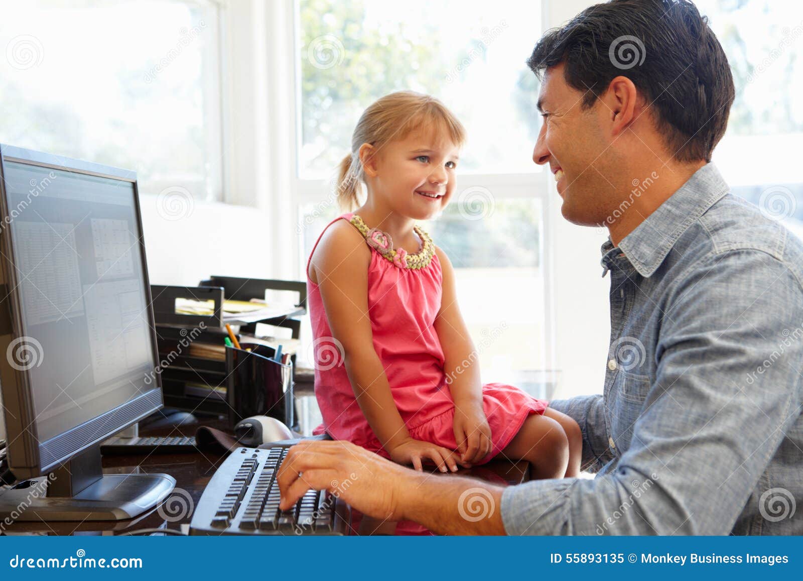 Father Working in Home Office with Daughter Stock Image - Image of ...