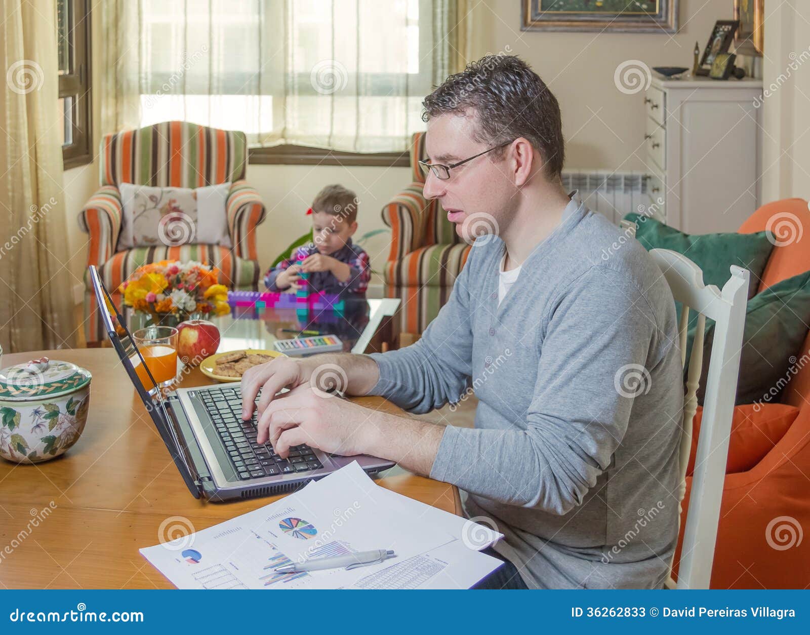 Father Working in Home Office and Son Playing Stock Image - Image of ...